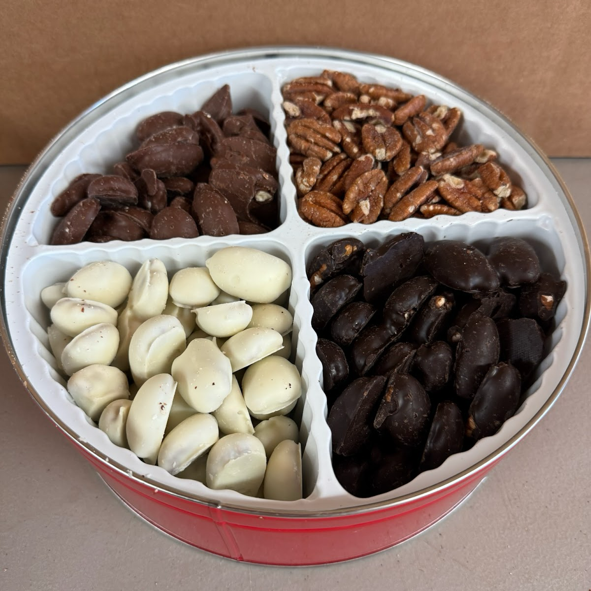 Large Holiday Tin - Milk Chocolate, Dark Chocolate, White Chocolate, a – Southern Pecan Products